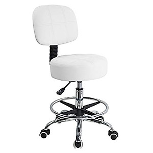 KKTONER Swivel Round Rolling Stool PU Leather with Adjustable Foot Rest Height Adjustable Task Work Drafting Chair with Back(White)