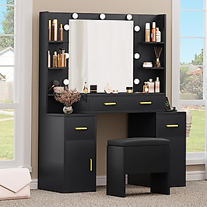 YITAHOME Makeup Vanity Desk with Mirror and Lights, Large Vanity Set with Charging Station, Dressing Table with Storage Bench, Makeup Vanity Mirror with Shelf and Drawers, 3 LED Lights Modes, Black