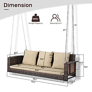 Outvita Porch Swing, 5FT Hanging Outdoor Porch Swings for Adults, Wicker 3 Person Patio Swing, with Cushion, Pillow and Chain for Garden, Backyard, Weight Capacity - 1000lbs