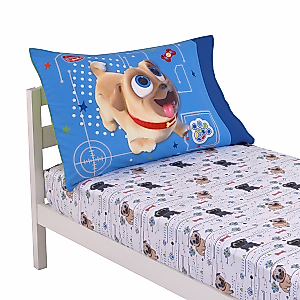 Disney Puppy Dog Pals Puppy Pals Fun White, Blue, & Green 2Piece Toddler Sheet Set - Fitted Bottom Sheet & Reversible Pillowcase, Blue, Green, Grey, White