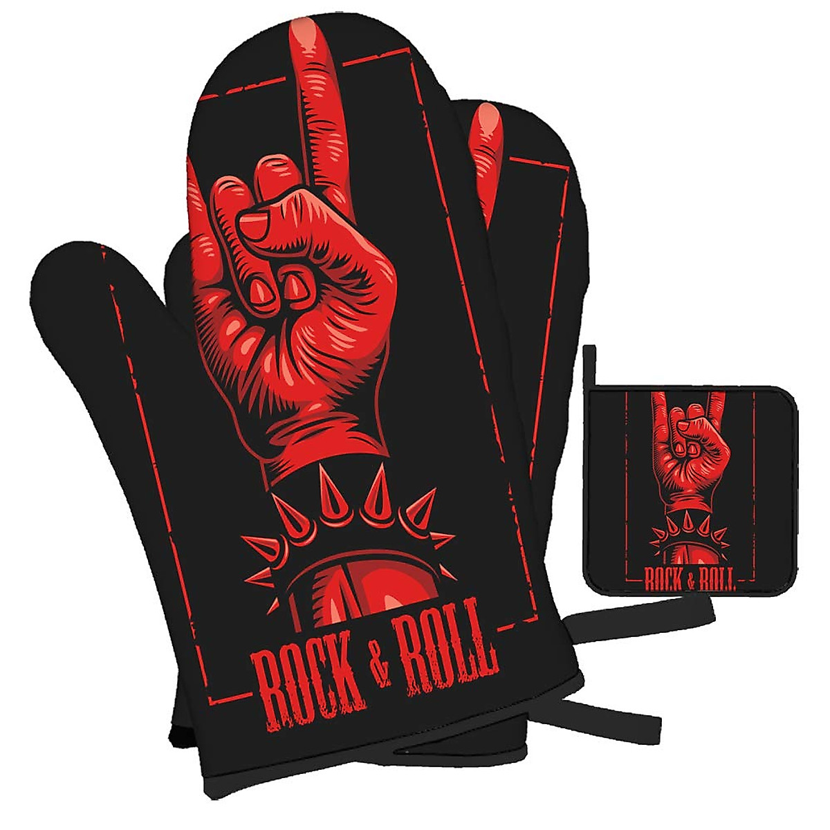Swono Rock Oven Mitts and Pot Holders Sets,Abstract Red Hand in Rock N Roll Sign Heat Resistant 3 Pcs for Safe BBQ Cooking Baking Grilling