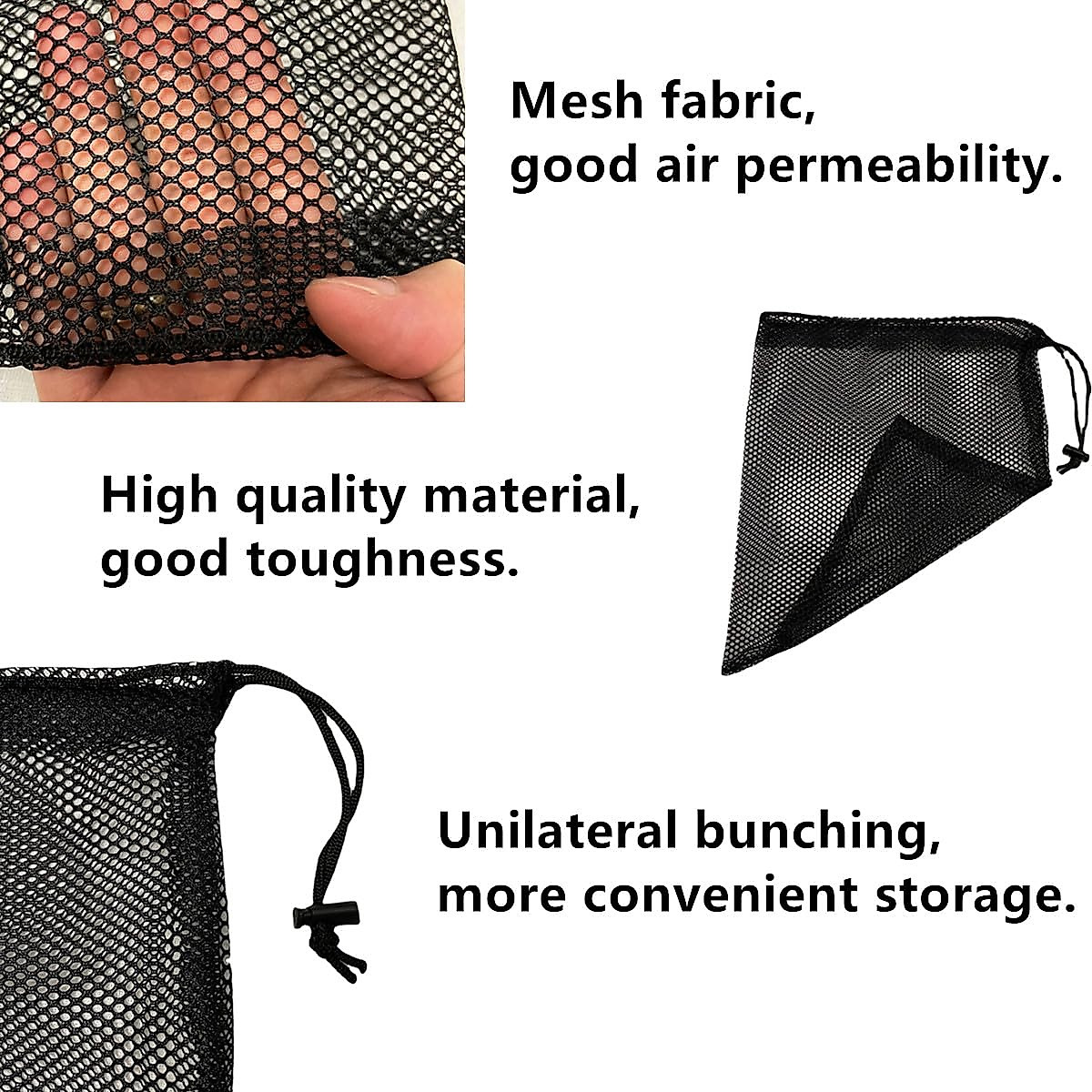 10PCS Nylon Mesh Drawstring Bag With Cord Lock, 8 x 12 Inch Mesh Laundry Drawstring Bag, Nylon Storage Mesh Bags for Balls Beach Toys, Seashell Collecting and Travel (Black)