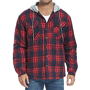 PEGENO Men's Long Sleeve Plaid Button Quilted Lined Flannel Shirt Jacket with Hood（Red Grid-US X-Large）