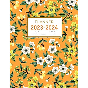 Planner July 2023-2024 June: 8.5 x 11 Large Notebook Organizer with Hourly Time Slots | Spring Summer Small Flower Design Orange