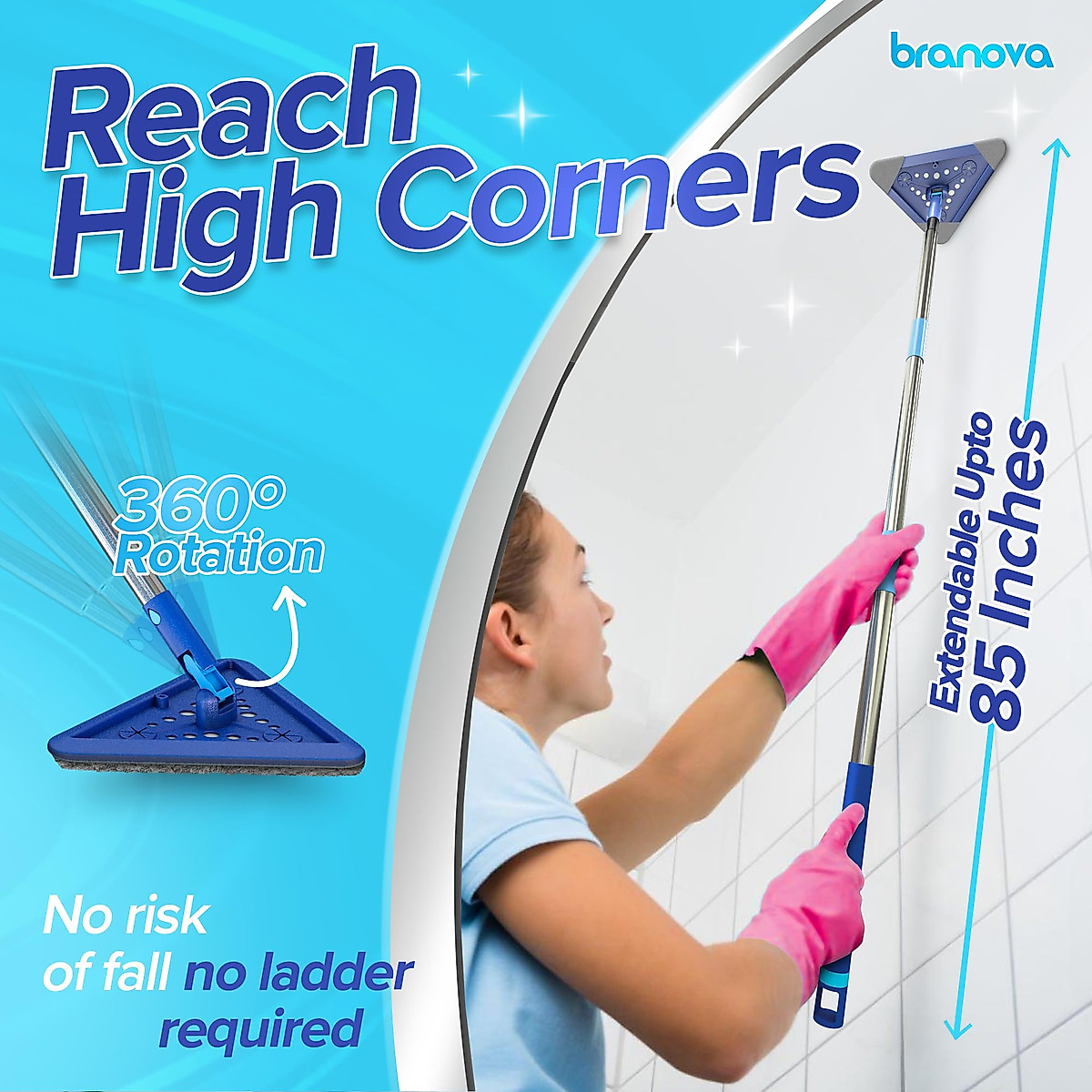 Branova 85" Extendable Wall Cleaner Mop - 360° Rotatable Ceiling Cleaner, Baseboard Cleaner Tool with Handle, Wall Mop with 6 Reusable Mop Pads & Mop Holder - Triangle Mop for Walls and Floors