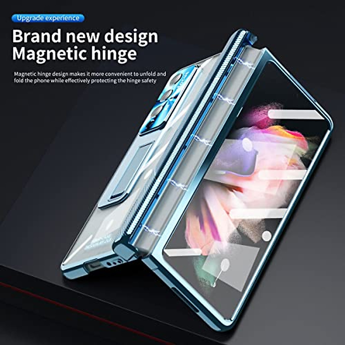 EAXER for Samsung Galaxy Z Fold 4 Case, Full Coverage Protection Plating Hinge Stand with S-Pen Anti-Drop Case Cover (Light Blue)