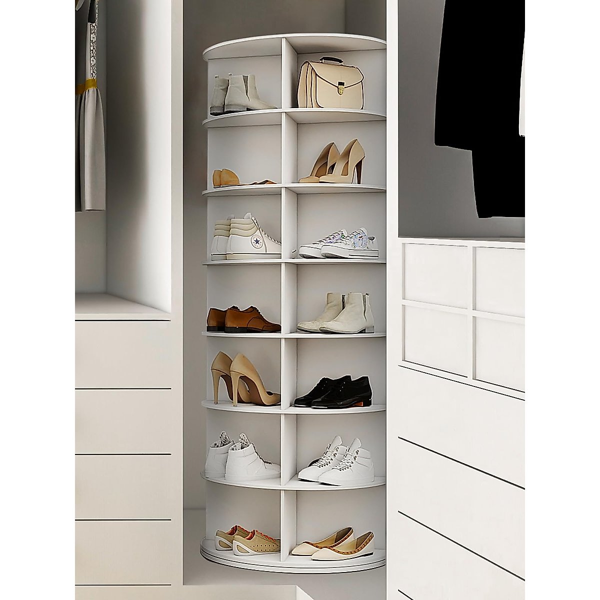Toemics 7 Tier Rotating Shoe Rack Tower 28 Shelves, 360° Spinning Display Lazy Susan Organizer, Carousel for Shoes & Handbags, Easy Assembly, Includes 4 PCS Double-Layer Shoe Racks, White