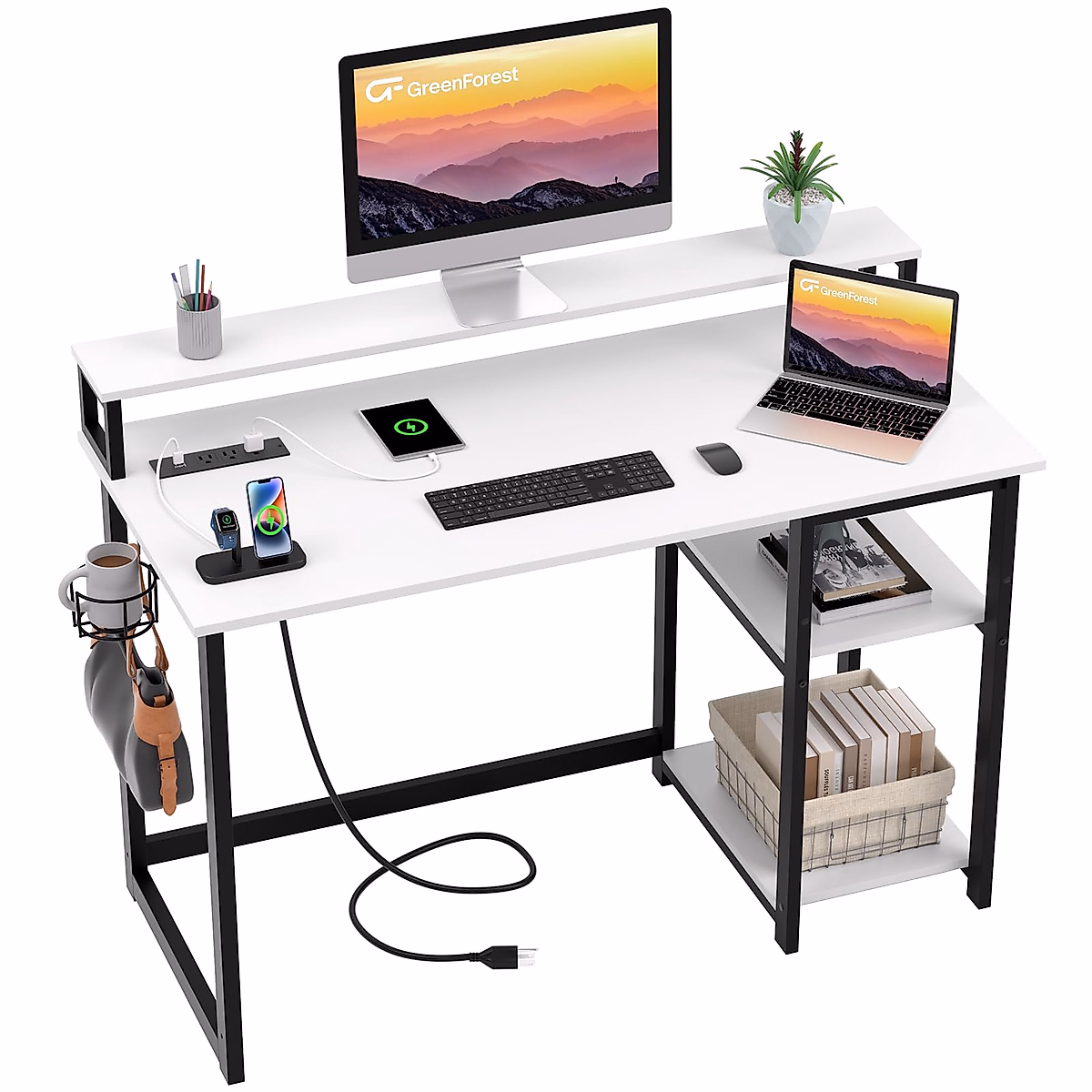 GreenForest 47 inch Computer Desk with Power Outlets, Small Home Office Desk with Ergonomic Monitor Stand, Reversible Gaming Desk, Modern Study Desk, Laptop Desk, White