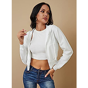 milanpavilion Women's Zip Up Hoodies Cropped Cardigan Jacket Drawstring Hooded Sweatshirts Casual Long Sleeve Top A-white