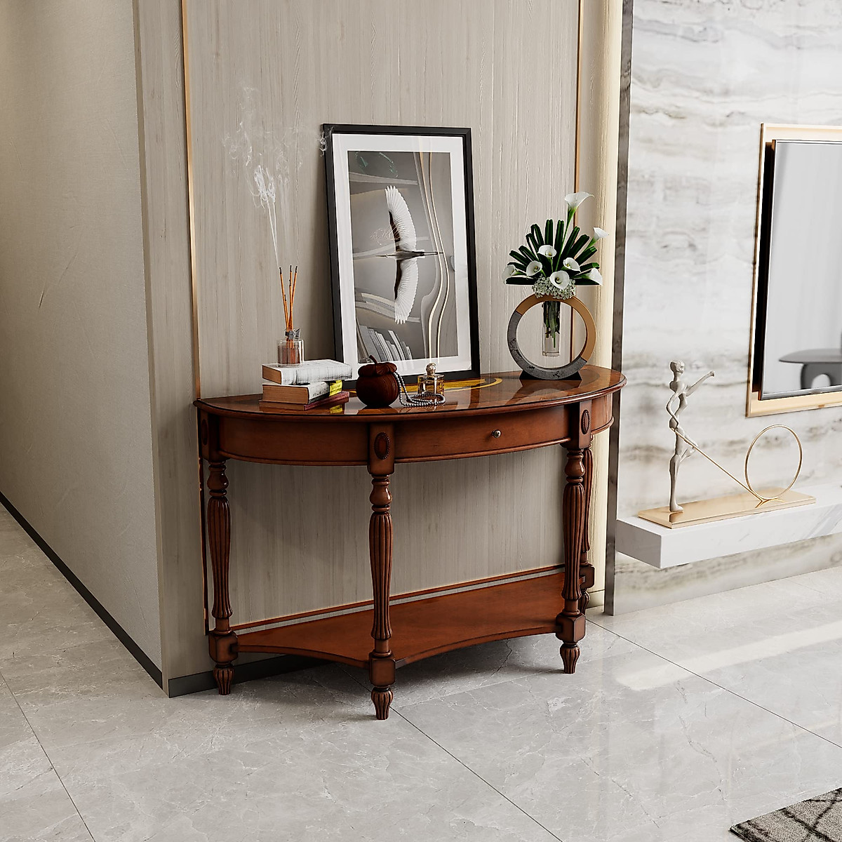 Solid Wood Semi-Circle Sofa Table with Drawer, 45.3" Traditional Living Room Console Table with Open Bottom Shelf 2-Tier Vintage Elliptical Entry Table for Home Office,Cherry Walnut SFZ1533