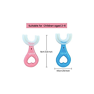 Vybrush U Shaped Toothbrush Kids 2-6 Whole Mouth Infant Toothbrush with 360° Food Grade Silicone Head and a Shampoo Toddler Brush Massager in Cool Pink & Blue Heart Styles in a Giftable Pack
