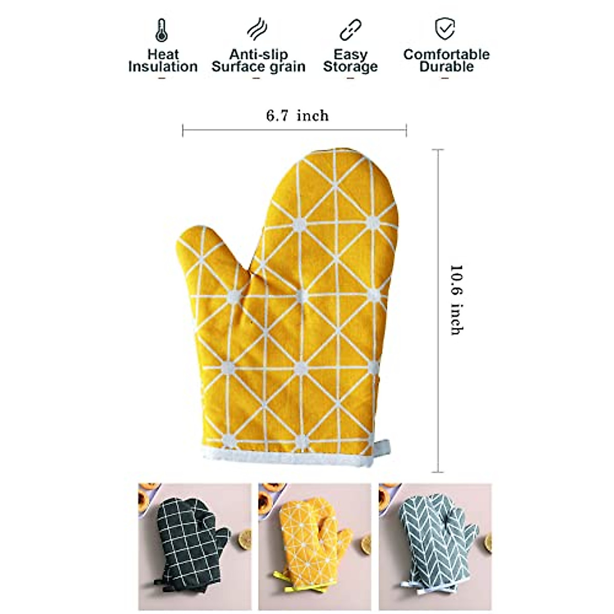 SUJAYU Oven Mitts, 2 Pack 10.6" X 6.7" Cotton Oven Mitt Pot Holders, Non-Slip 392°F Heat Resistant Oven Mits Kitchen Gloves Potholders for Cooking Baking Grilling (Yellow)