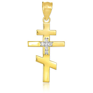 14k Yellow Gold Diamond Studded Orthodox Charm Russian Cross Pendant