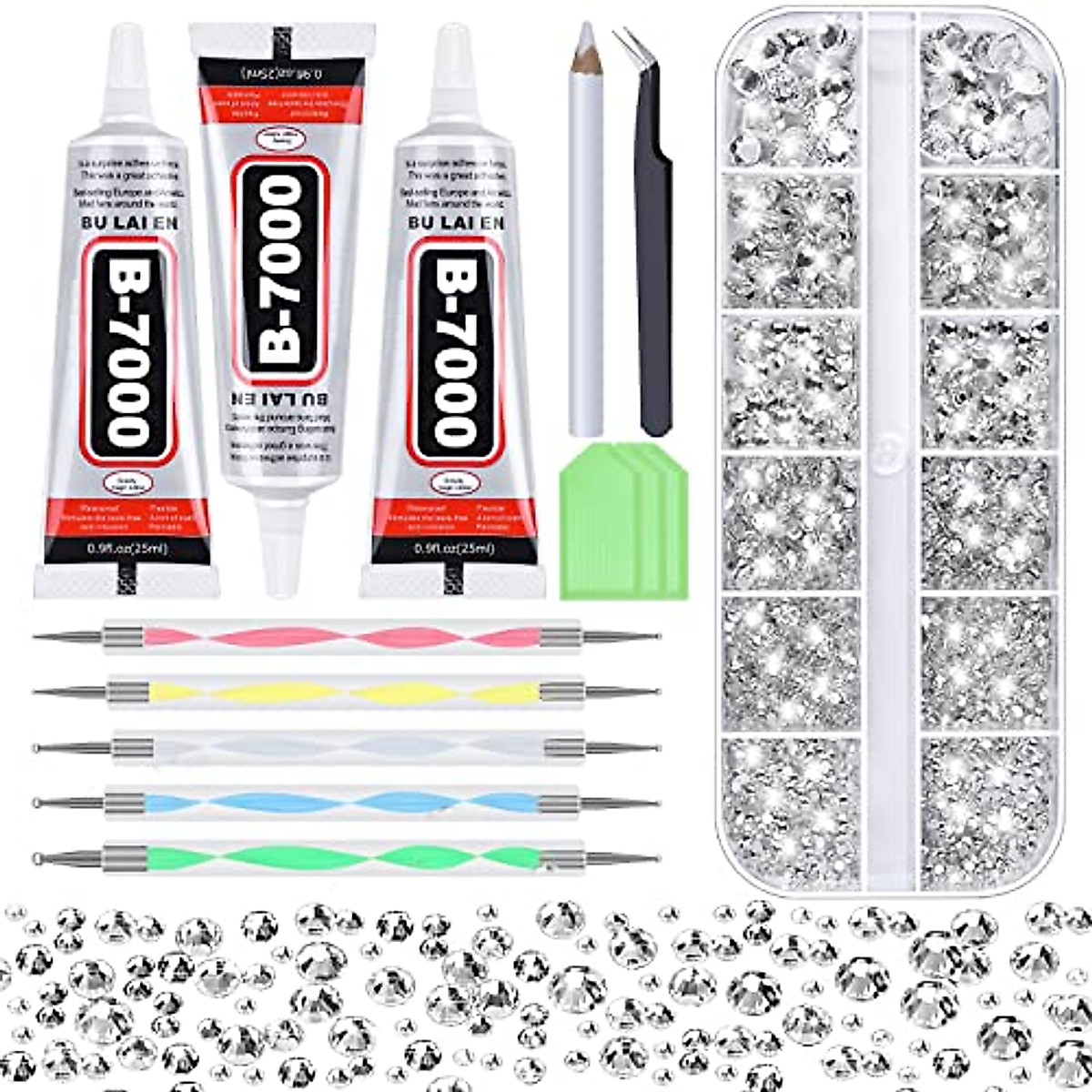 B7000 Rhinestone for Glue, 3 PCS 25ml Craft Adhesive Glue for Crafts with 3000pcs Flatback Rhinestones Gems with Picker Tool Wax Pencil Fabric Glue for Nail Art Bead Jewelry Making Clothes Shoe Bags