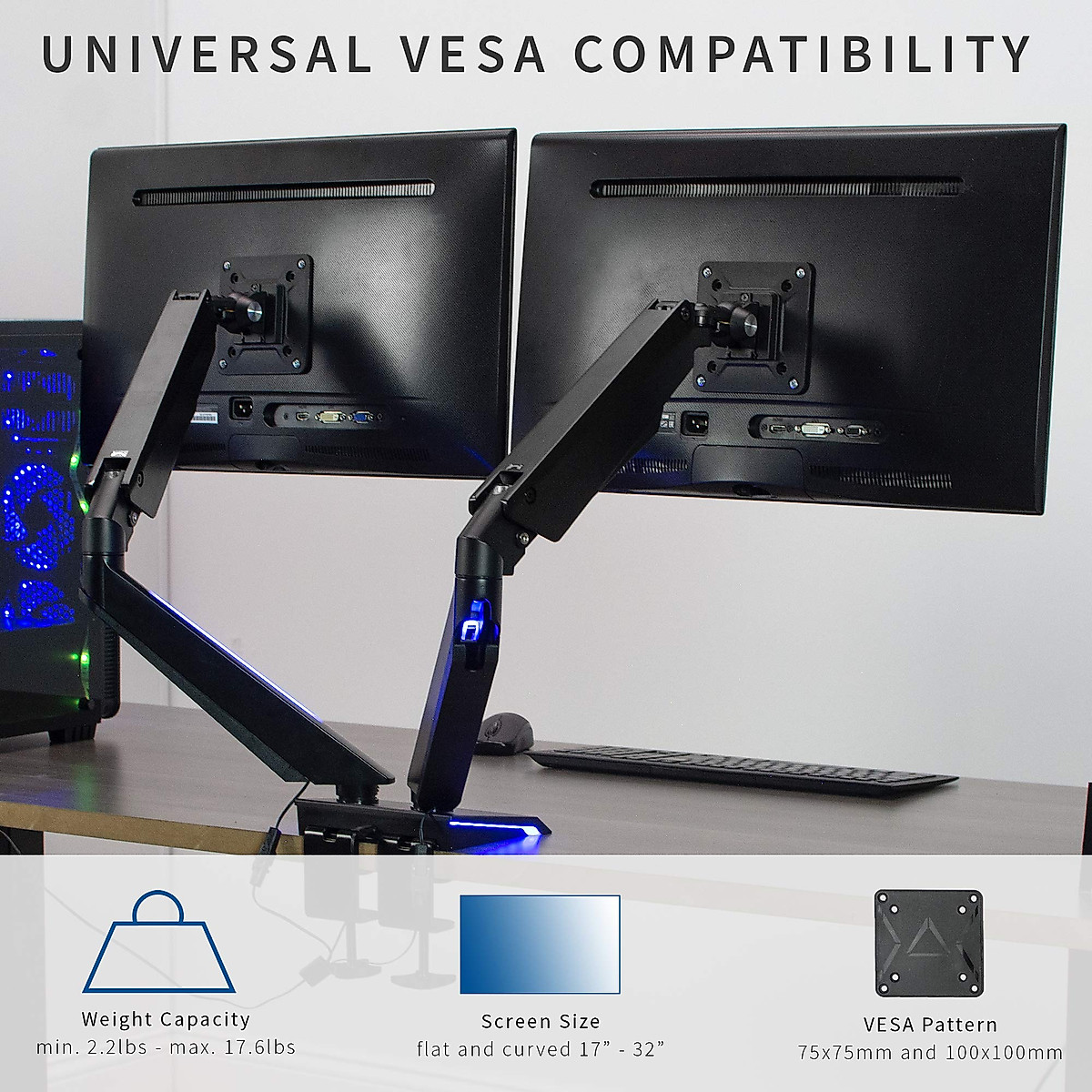 VIVO Premium Dual 17 to 32 inch Gaming Pneumatic Monitor Arms Clamp-on Desk Mount Stand with Blue LED Lights, Max VESA 100x100, Black STAND-GM2BB