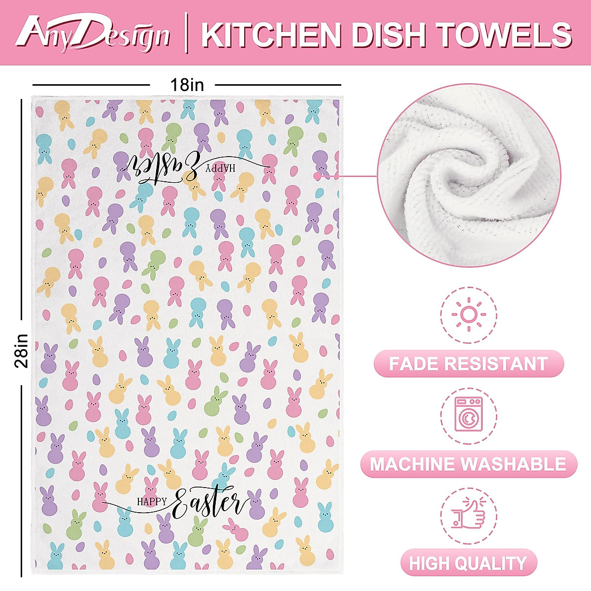 Lingtoolator Easter Kitchen Towel Easter Cartoon Rabbit Bunny Dish Towel 18 x 28 Inch Hand Drying Tea Towel for Spring Holiday Cooking Baking Cleaning, 18 x 28 Inch, 2 Pack