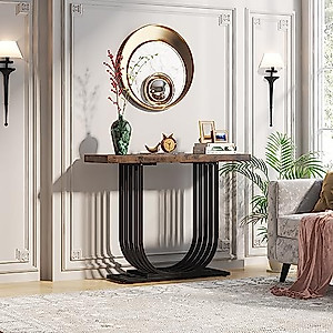 Tribesigns Console Table, Industrial 39.4 Inch Entryway Foyer Table, Narrow Sofa Accent Table with Geometric Metal Legs for Living Room, Hallway, Entrance, Rustic Brown & Black