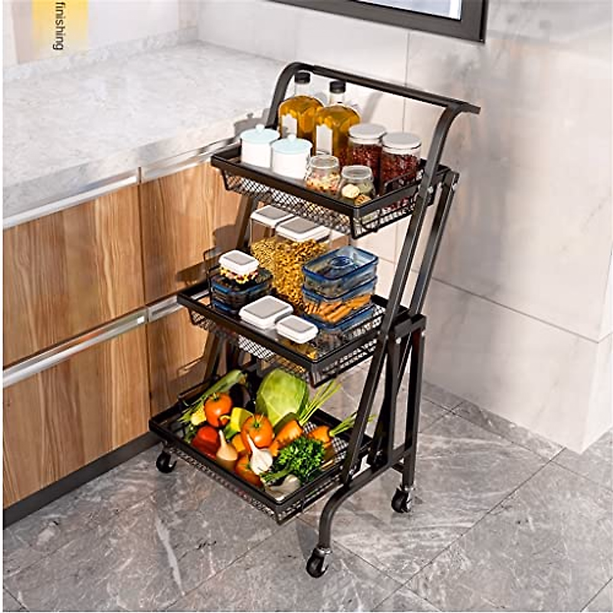 QUANJJ Trolley Stall Parallel Folding Portable Shelf Floor Kitchen Multifunction Storage Rack Kitchen Organizer Metal Stand