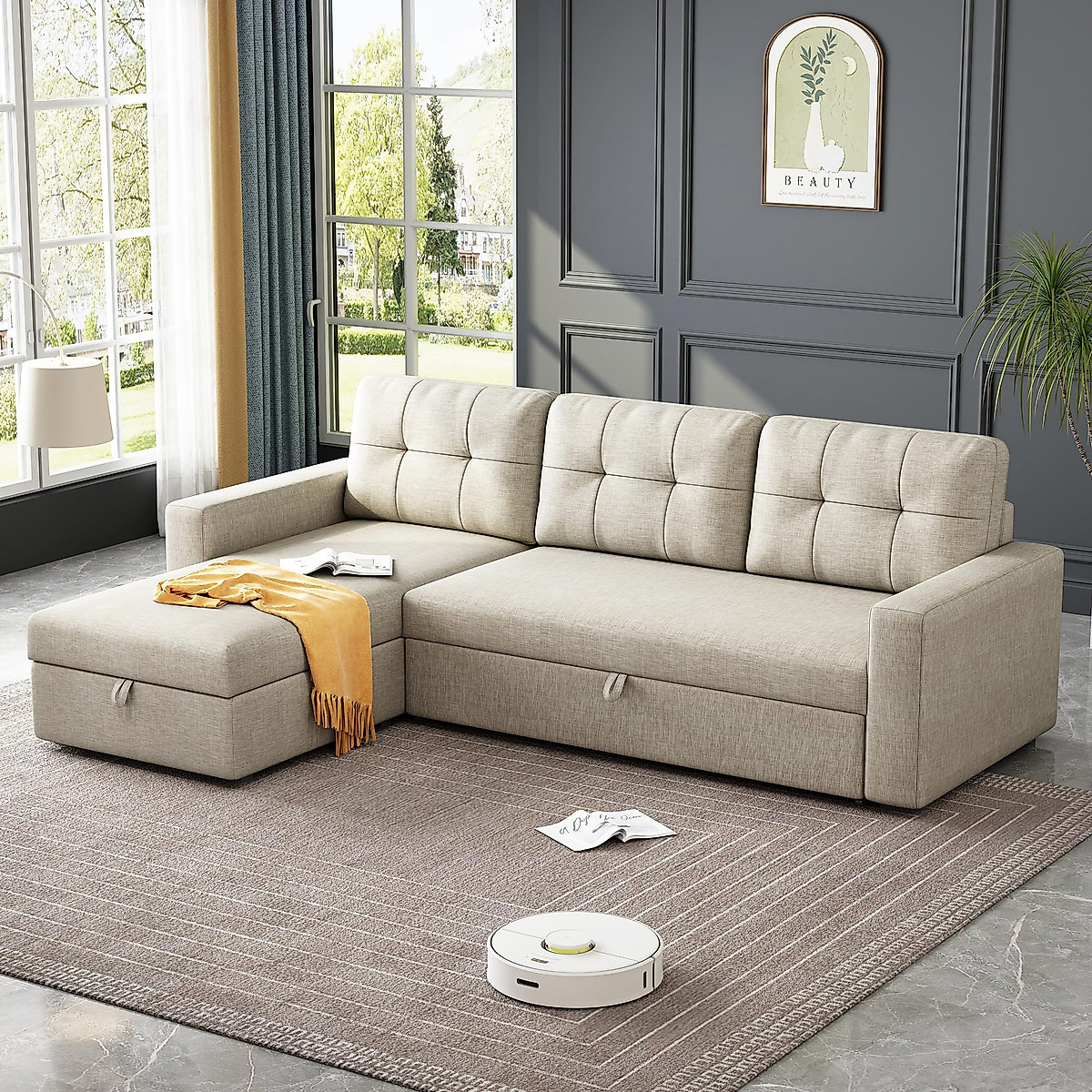YOPTO 81.5" Sectional Sleeper Sofa with Storage Chaise, L Shaped Pull Out Couch Bed with 3 Removable Back Cushion for Living Room, Apartment,Office,Beige