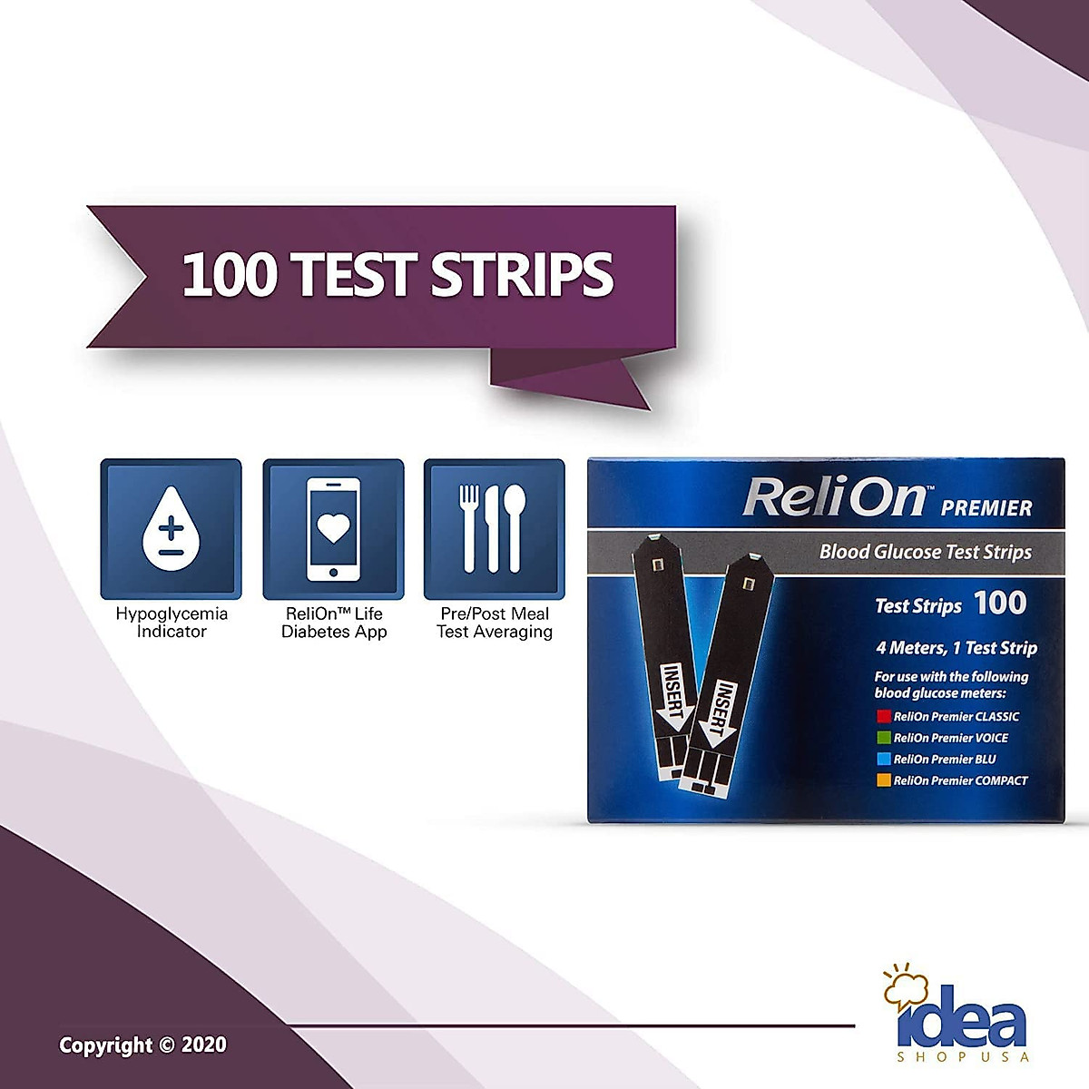 Reli On Premier Blood Glucose Testing Strips | Glucose Test Strips | Test Strips for Diabetes | Blood Sugar Strips | Diabetic Test Strips | Relion Premier Test Strips 100 Count 1 Pack + B. Idea Guide