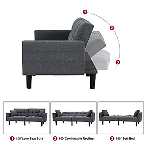 HOMHUM Modern Linen Convertible Futon Sofa Bed Folding Couch Recliner Adjustable Back with Arm Set for Living Room, Grey