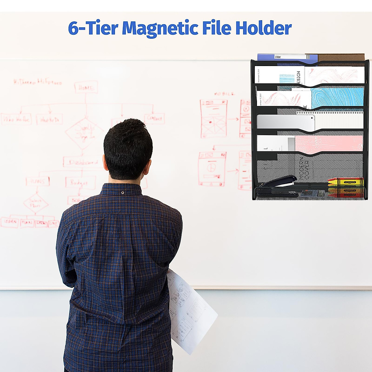 6-Tier Magnetic File Holder, Large Capacity File Cabinet Organizer, No-Drill Mount Hanging Magnetic Paper Holder for File Cabinets, Office, Whiteboard, Magnetic Mail Holder