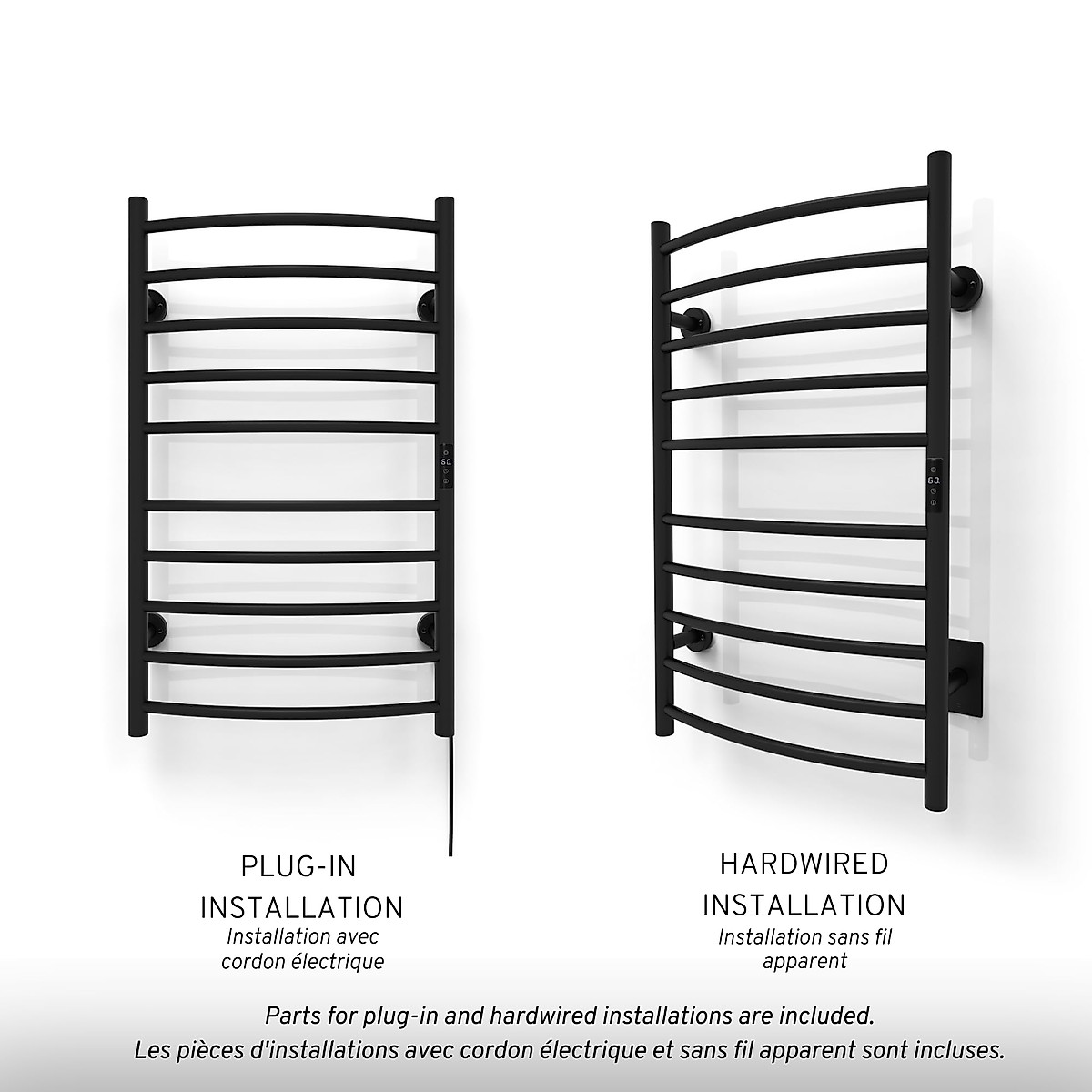 Odass | Towel Warmer | Built-in Timer with Led Indicators | Timer Modes: 1 H to 8 H, ON/Off | Temperature 30 to 60 °C (86 to 140 °F) | Wall Mounted | 10 Curved Bars | Matte Black