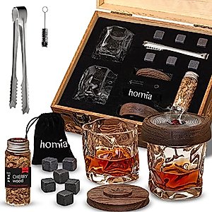 Whiskey Gift Set, 13 pcs Wooden Smoker + Old Fashioned Glasses - 2 pcs, in Wooden Box with Wood Chips, Whiskey Stones 6 pcs Included - Gift for Men (Torch Not Included)