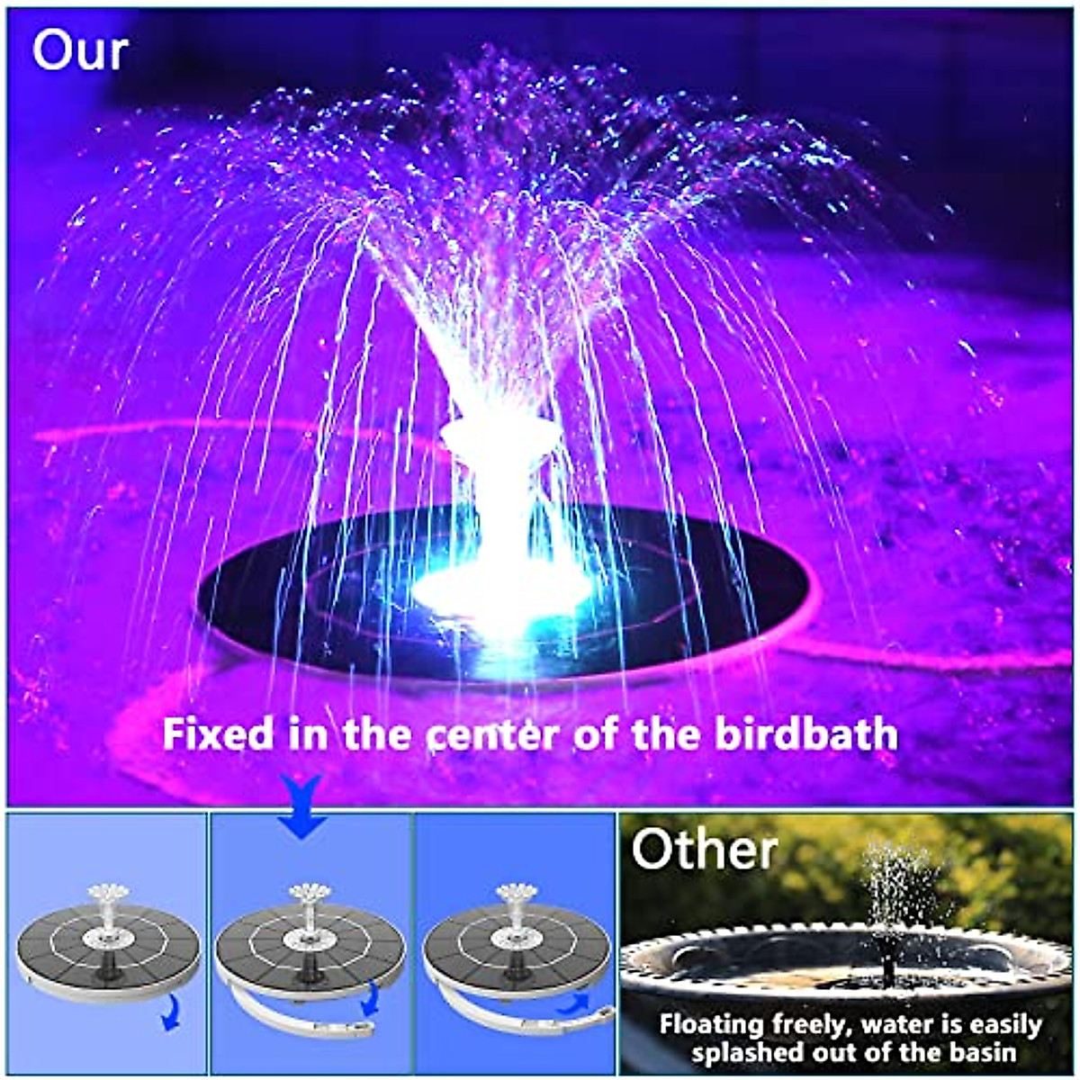 AISITIN 5.5W LED Solar Fountain Pump with LED Light, New Upgraded 3000mAh Storage Battery with 16 Nozzles Solar Bird Bath Fountains for Garden, Bird Bath, Pond, Swimming Pool
