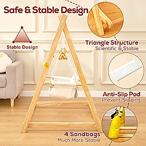 FUNLIO Wooden Toddler Swing Set with 4 Sandbags, Foldable Baby Swing Set with Durable Pine & Velcro, Portable Swing for Toddlers 6-36 Months, Kid Swing for Indoor/Outdoor/Backyard (Upgraded)