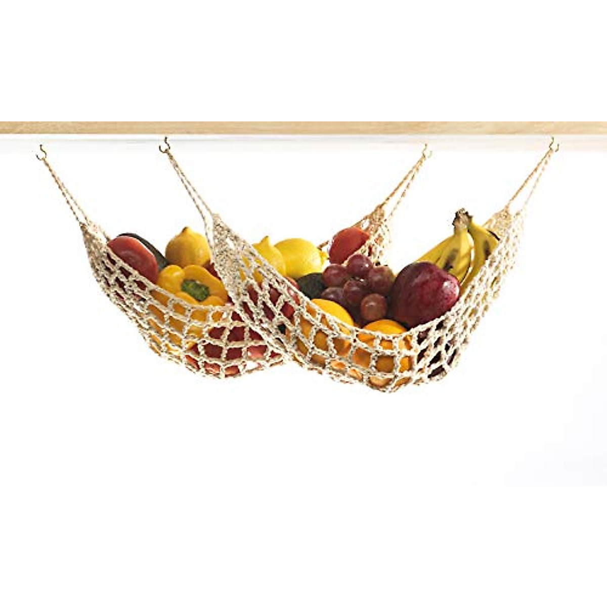 2 Pack Hanging Fruit Hammock - 2 Handwoven Cotton Produce, Banana, Macrame Fruit Hammocks For Kitchen Under Cabinet + 4 PCS Hooks - Storage That Saves Counter Space at Home, Boat, or Rv