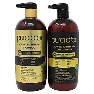 PURA D'OR Advanced Therapy System Clinically Proven to Reduce Hair Thinning - Paraben Free, Argan Oil Scent - Shampoo and Conditioner Set for Fine Hair - 100% Natural Preservative - 2.5 lbs