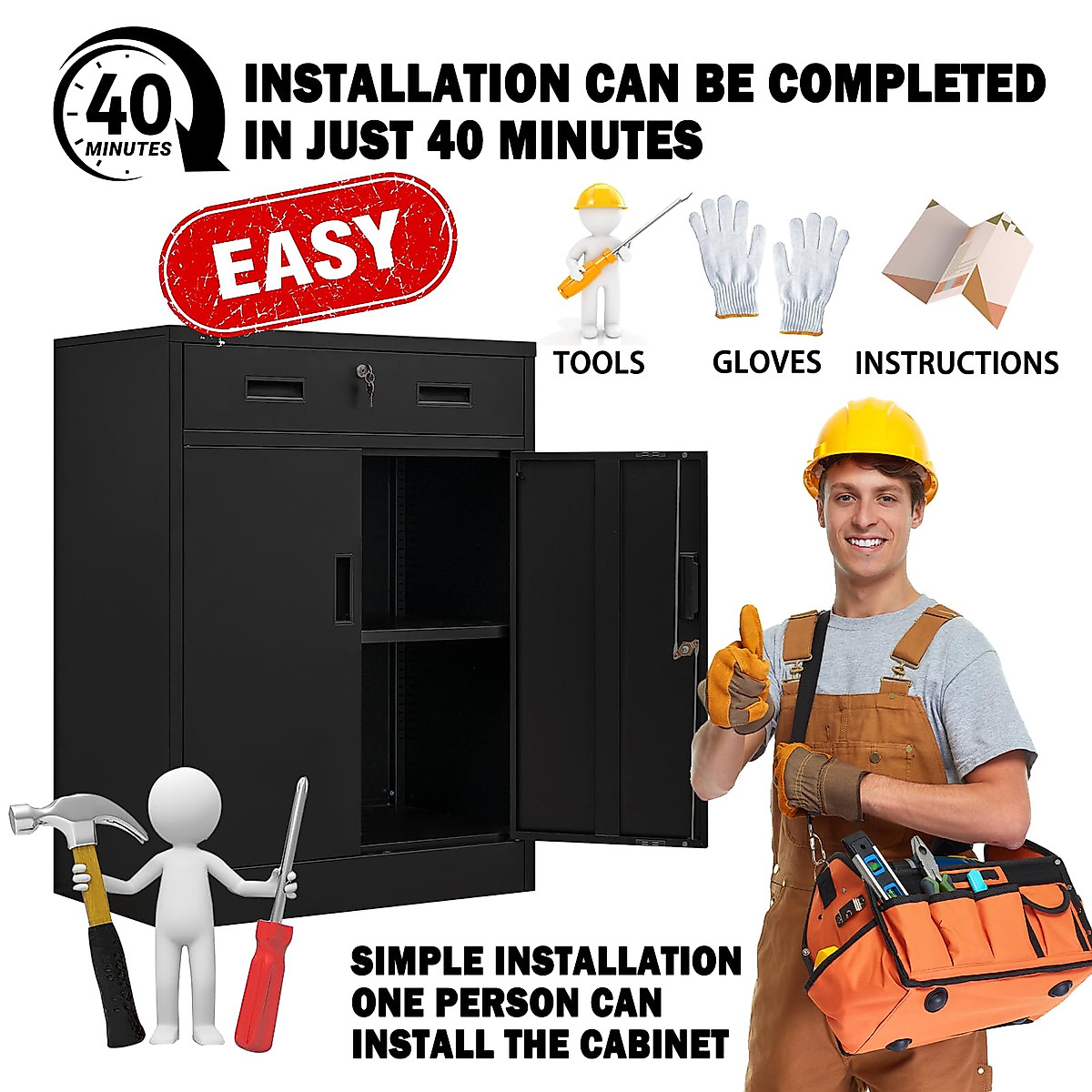 TaskStorz Metal Garage Storage Cabinets，Metal File Cabinet with 1 Locking Drawers, Lockable Storage Cabinets for Office, Home, Garage, Warehouse 36.2" H x 27.6" W x 15.7" D (Black)