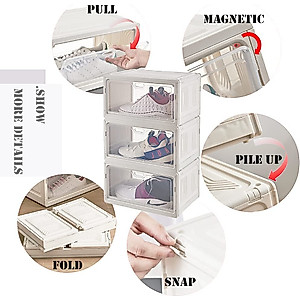 Shoe Storage Boxes,Pack of 6 Stackable Shoe Organizer,Sturdy Foldable sneaker storage and Easy Assemble Shoe Containers Clear Plastic shoe bins with Lid for US Size 13(14.6”x 10.6”x 8.3”)