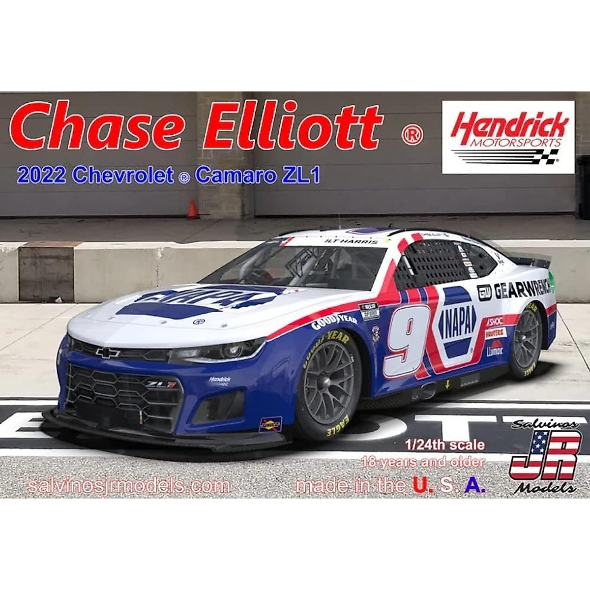 Salvinos J R Model 1/24 NASCAR 2022 Camaro ZL1 Hendrik Motorsport Chase Elliott Patriot Color Plastic Model SJMHMC2022CEC Molded Color