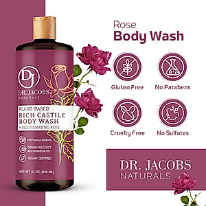 DR. JACOBS NATURALS Castile Rose All-Natural Body Wash for Moisturizing Dry and Sensitive Skin Shampoo with Plant-Based Ingredients Gluten, Preservatives-Free Formula - 32 oz, Pack of 1