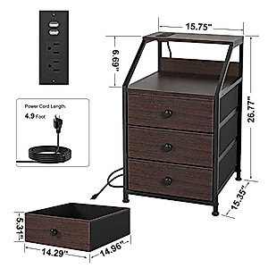REAHOME Nightstand Set of 2, Brown Night Stands with Charging Station, Bedside Tables with 3 Fabric Drawers and 2-Tier Storage Shelves, Modern Side Table for Bedroom Living Room-Rustic Brown