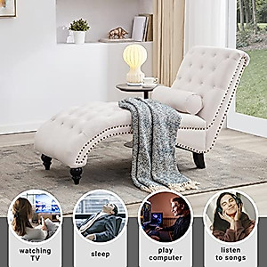 Iroomy Button-Tufted Chaise Lounge Indoor with Solid Wood Legs & Support Pillow, Upholstered Chaise Lounge Chair for Bedroom Living Room Office, Armless Rolled Backrest Leisure Sofa Recliner(Beige)