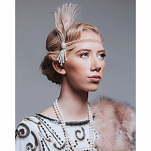 SWEETV 1920s Headpiece Flapper Headband, Pearl Peacock Feather Hair Band, Great Gatsby Accessoreis for Women, Blush Pink