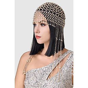 BABEYOND 1920s Pearl Flapper Cap Headpiece Roaring 20s Gatsby Pearl Head Chain (Rose Gold)