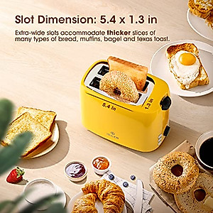iSiLER 2 Slice Toaster, 1.3 Inches Wide Slot Bagel Toaster with 7 Shade Settings and Double Side Baking, Compact Bread Toaster with Removable Crumb Tray, Defrost Cancel Function Yellow