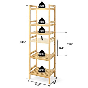 Homykic Bamboo Bookshelf, 5-Tier Narrow 55.9” Adjustable Book Shelf Bookcase Bathroom Shelves Freestanding Storage Stand for Living Room, Bedroom, Kitchen, Rust Resistance, Easy Assembly, Natural