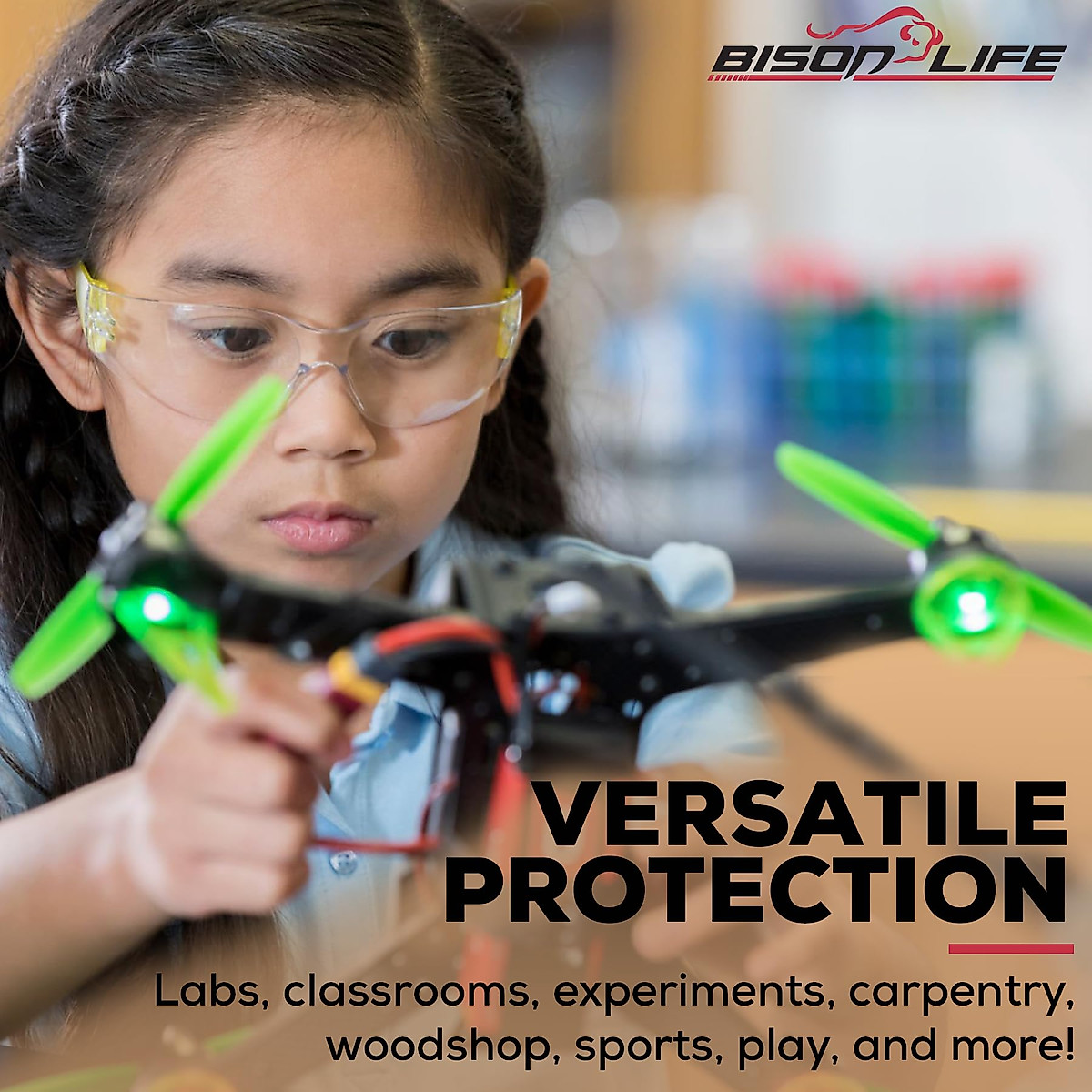 BISON LIFE Safety Glasses for Kids 12 Pack | ANSI Z87 Impact and Scratch Resistant, Clear Lens Assorted Color Temples, Child Youth Size Science Glasses Variety Pack