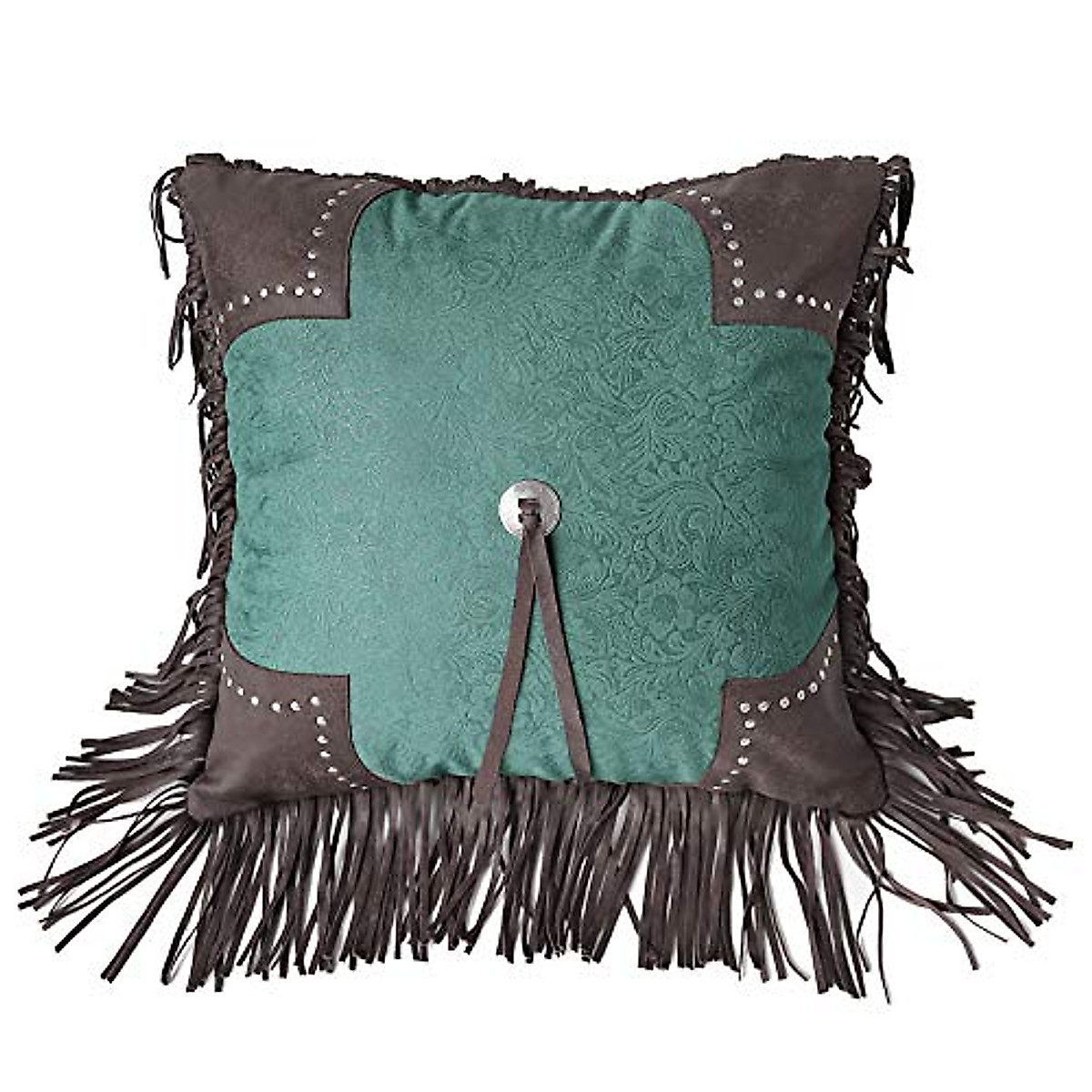 Paseo Road by HiEnd Accents | Cheyenne Western Scalloped Edge Decorative Pillow, 18x18 inch, Brown and Turquoise Tooled Faux Leather Rustic Cabin Throw Accent Pillow