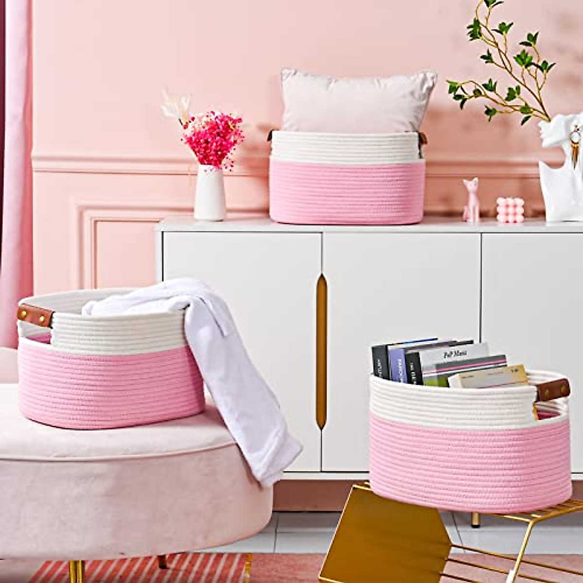 ECDYQXVU 1 Pack Cotton Rope Storage Baskets,15x10x9in,Collapsible Storage Bins, Decorative Woven Basket Cube Storage Organizer for Laundry, Towel, Clothes, Cosmetics, Books(White/Pink)