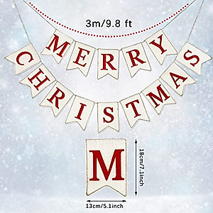 Whaline Christmas Burlap Banner Felt Merry Christmas Banner Pre-Assembled White Red Xmas Bunting Garland Celebration Hanging Decorations for Christmas Party Supplies Home Decoration
