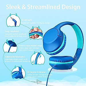 POWMEE [2PACK] Kids Headphones Over-Ear Headphones for Kids/Teens/School with 94dB Volume Limited Adjustable Stereo 3.5MM Jack Wire Cord for Fire Tablets/Travel/PC/Phones(Rosered&Blue)