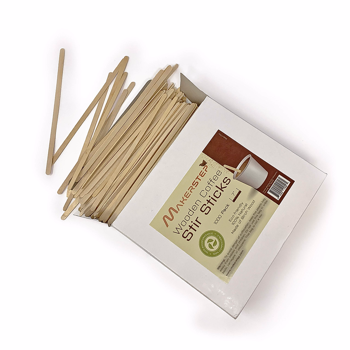 Makerstep 1000 Birch Wood Coffee Stirrers, 7 Inch Coffee Stir Sticks, Eco-friendly, Sturdy Wooden Sticks. Splinter Free, Round End. For Tea, Beverage, and Popsicle.