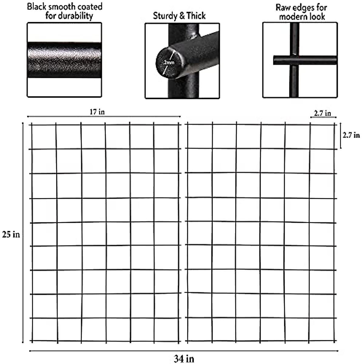 elkayconcepts Wire Wall Grid Panel, Set of 2 with Accessories, Photo Grid, Polaroid Hanging Metal Grid Wall Decor, Wire Wall Grid Organizer, Above Desk Wall Organizer (Black, 25" x 17")