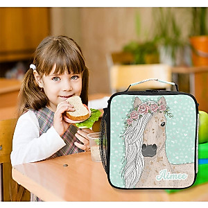 RunningBear Custom Cute Horse Flowers Lunch Bag Personalized Reusable Insulated Lunch Box Bag with Adjustable Strap Portable Travel Zipper Organizer for Adults, Kids, Prepschool